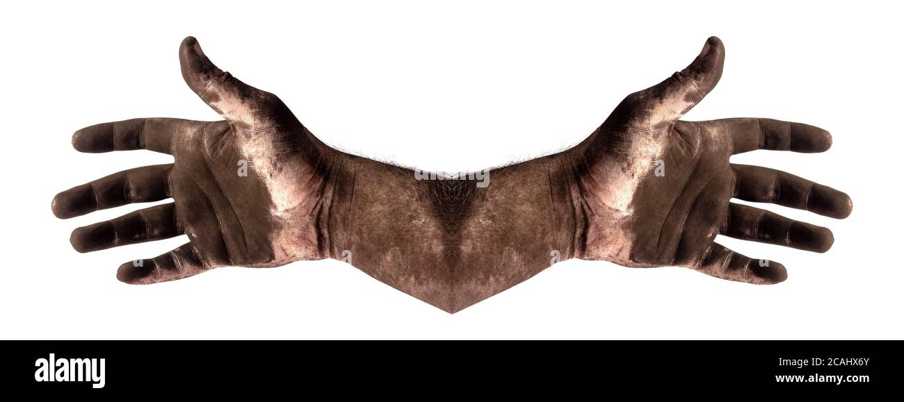 male chimney sweep's hand in black soot close up isolated on a white ...