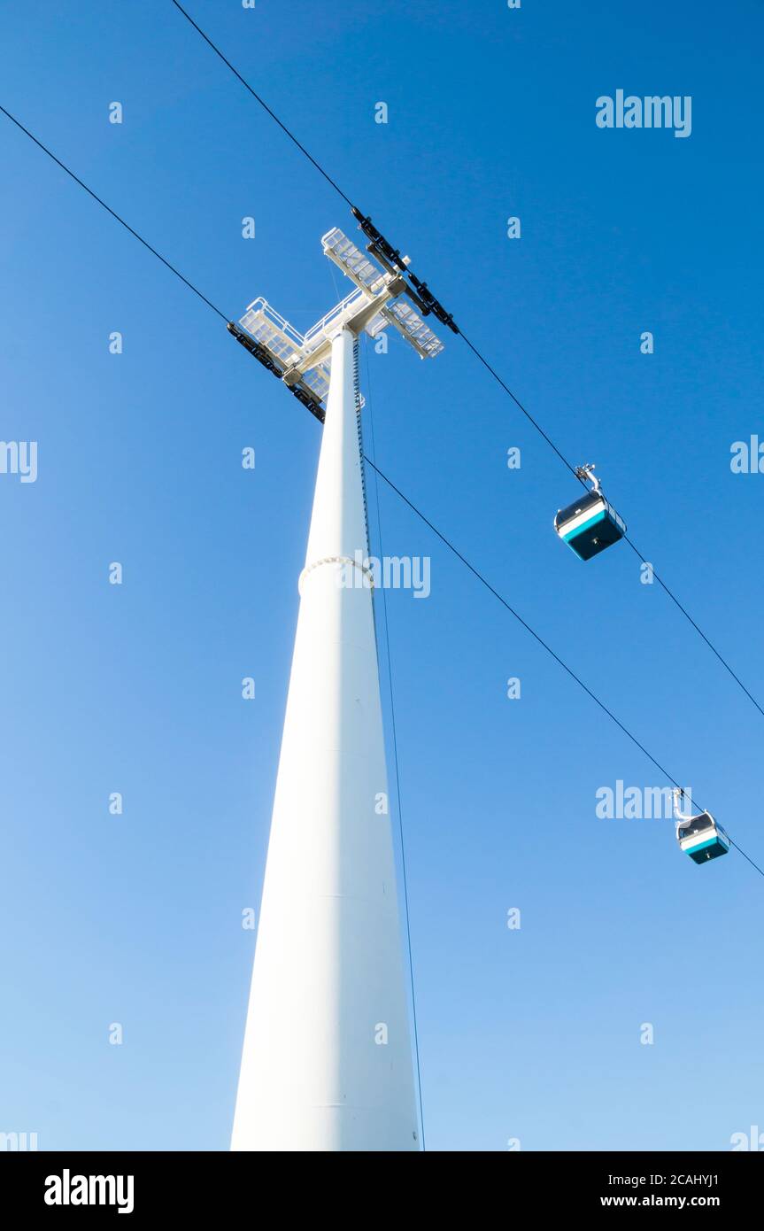 Vertical low angle shot of a ropeway on a clear blue sky background ...