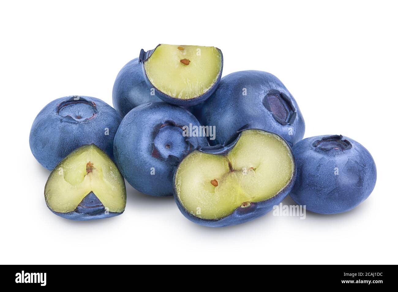 fresh blueberry and slices isolated on white background closeup with ...