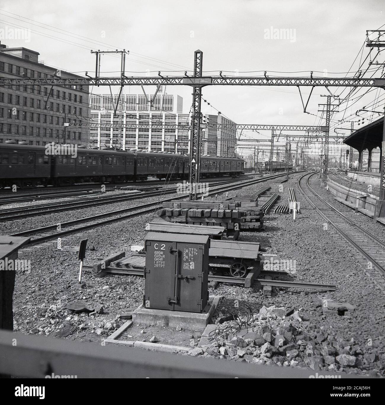 1960s, historical, Tokyo, Japan, numerous railway lines and trains on ...