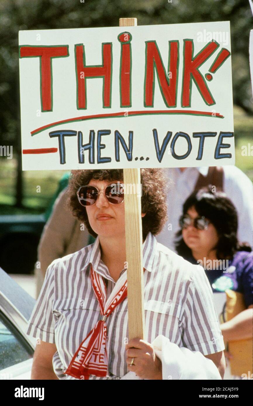 Austin Texas USA: Anglo woman holding sign at voter rally. ©Bob ...