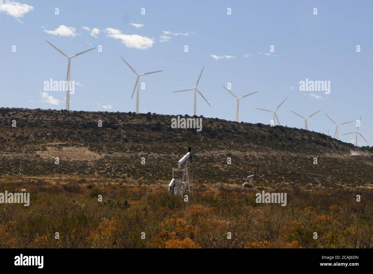 McCamey, Texas USA, March, 2006: Wind farms occupy the mesas around ...