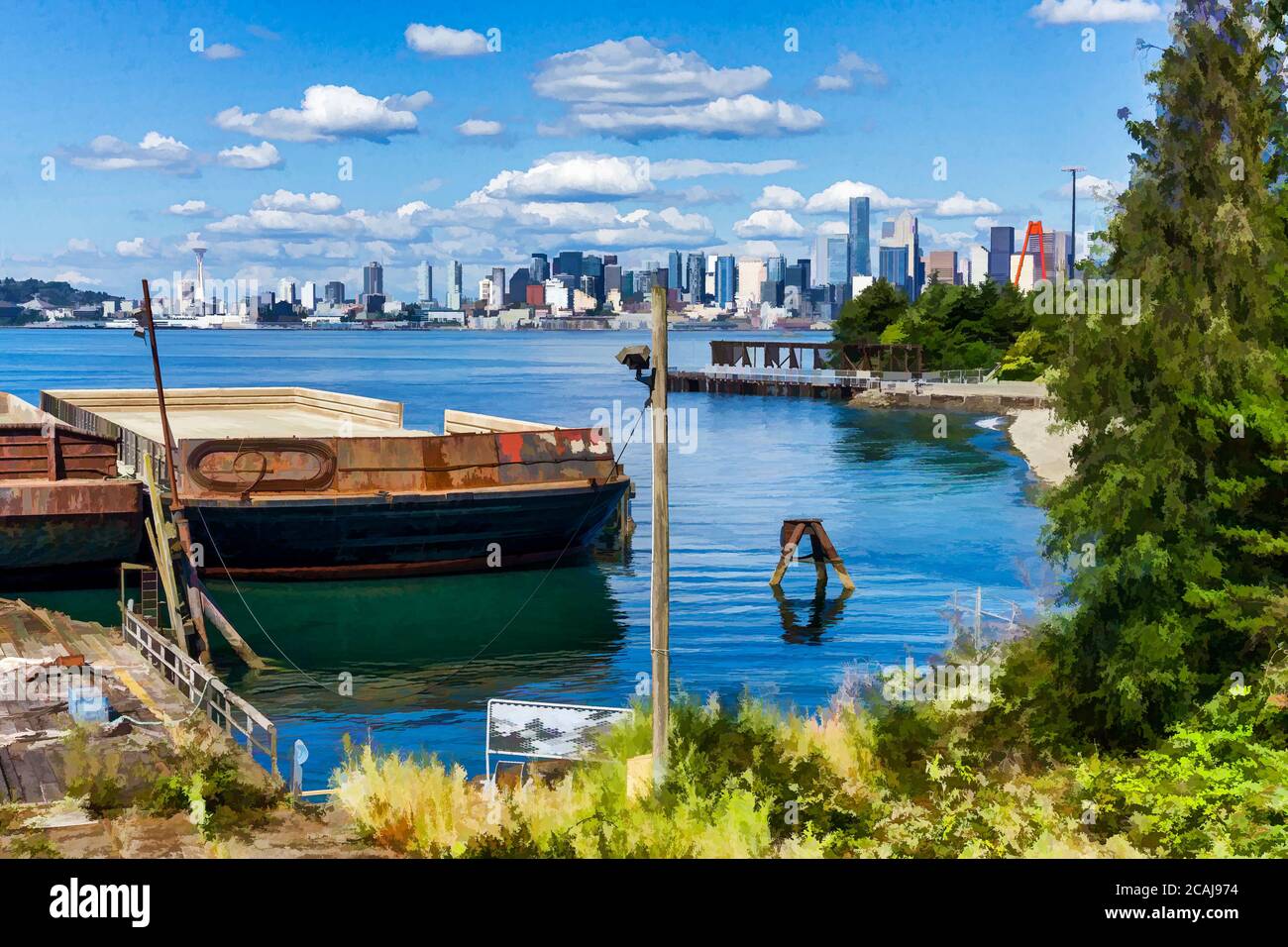 An illustraion of a barge and the Seattle skyline Stock Photo - Alamy
