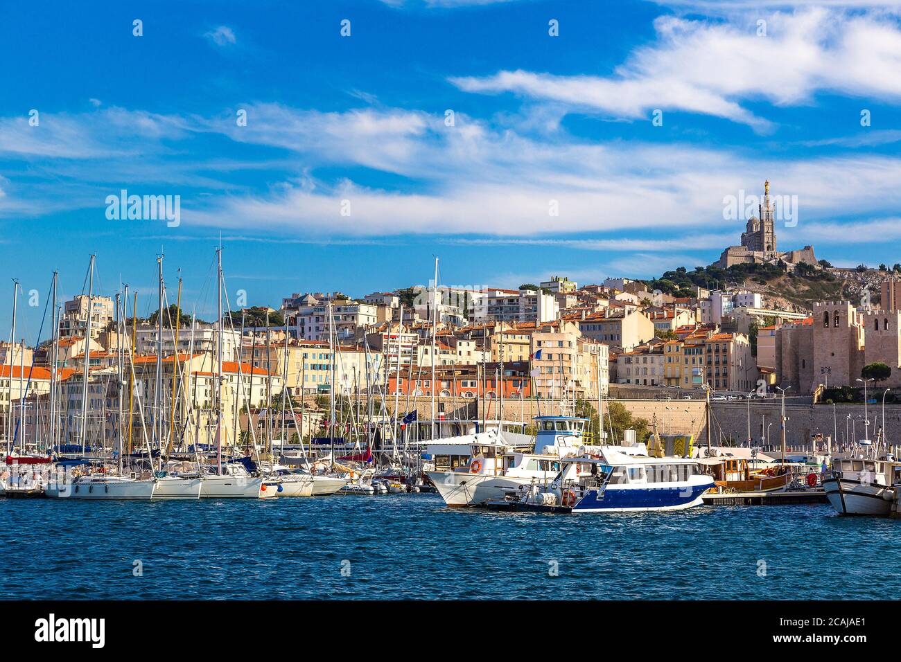 Aerial panoramic view on basilica of Notre Dame de la Garde and old ...