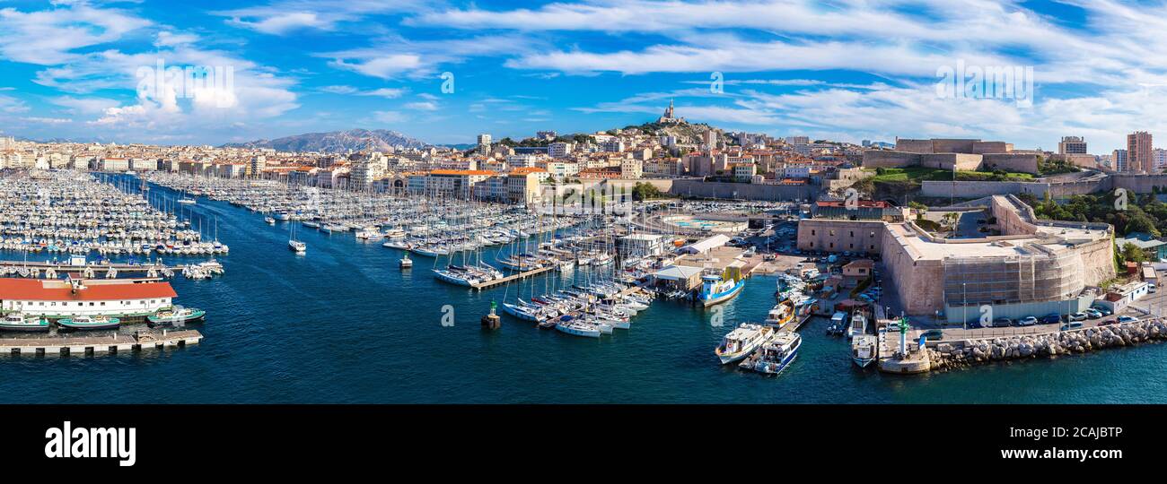 Aerial panoramic view on basilica of Notre Dame de la Garde and old ...