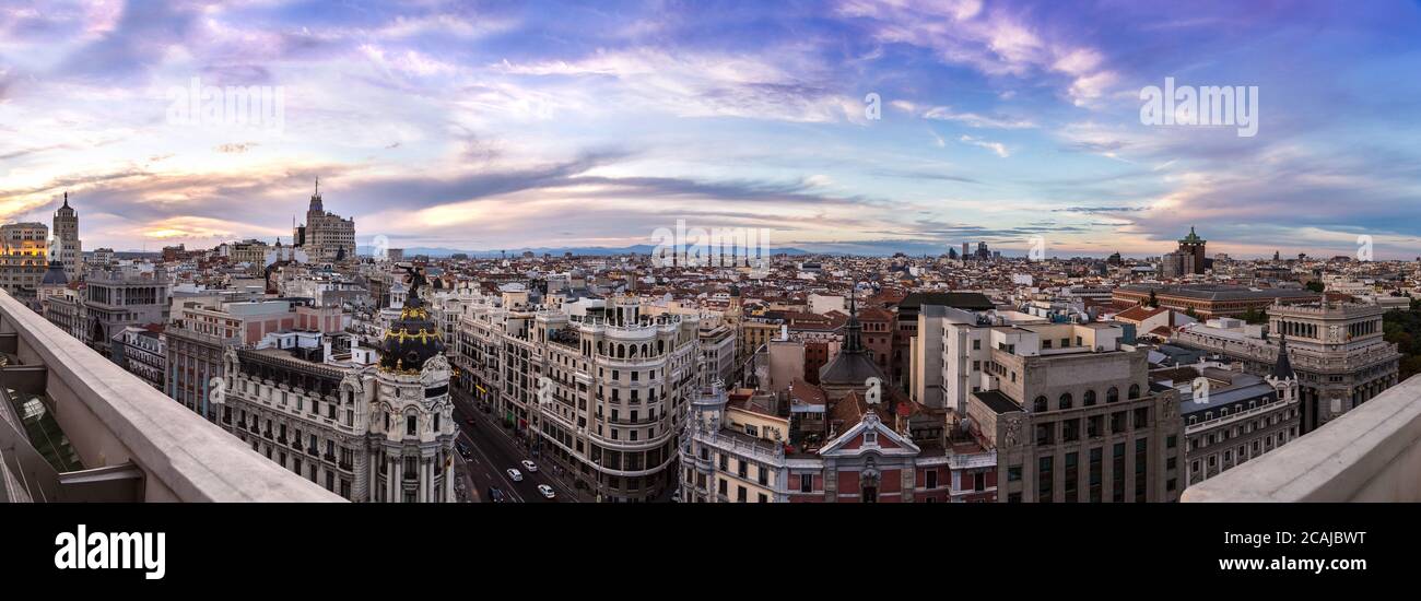 Panoramical aerial view of Madrid in a beautiful summer night, Spain ...