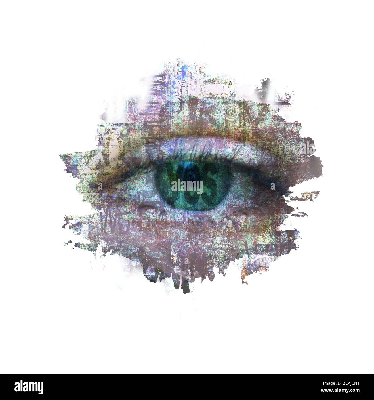 Contemporary art collage. Beautiful female green eye with answer Yes on ...