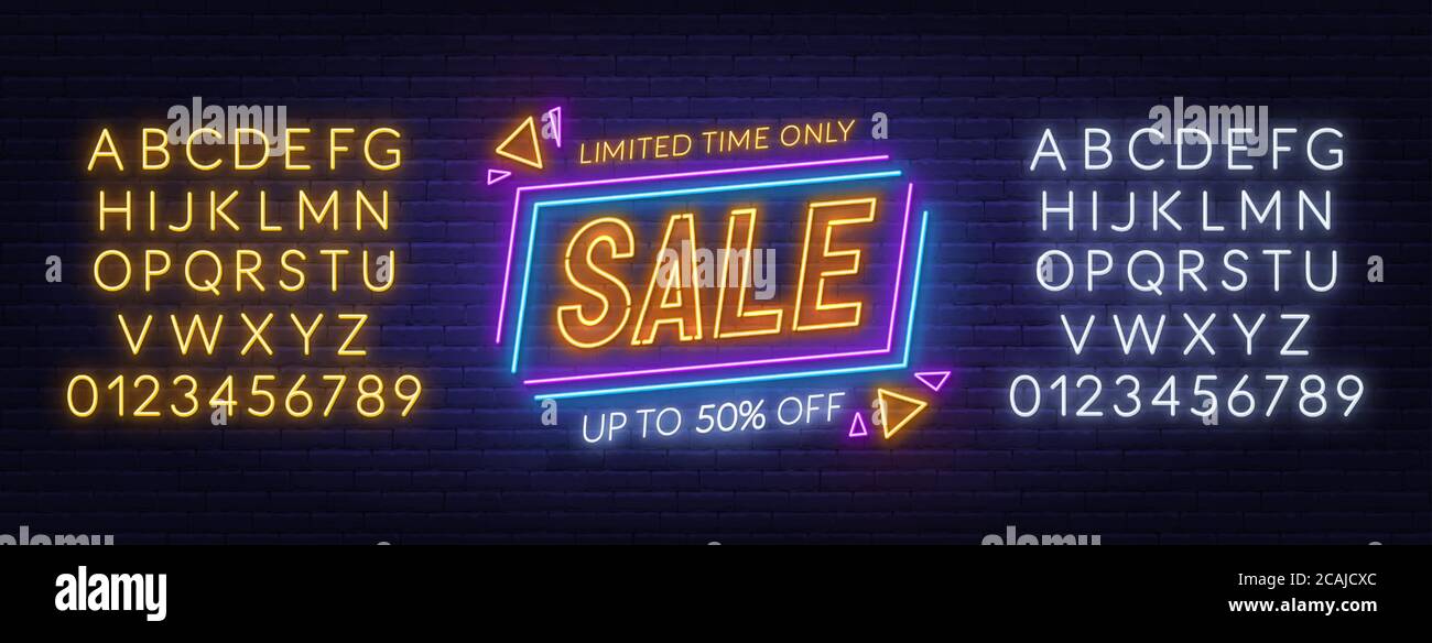 Sale neon sign on brick wall background. Special Offer neon banner ...