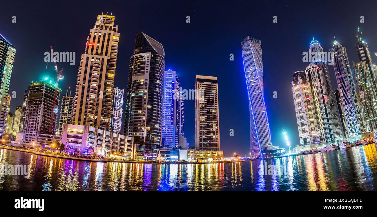 Dubai downtown night scene with city lights, luxury new high tech town ...