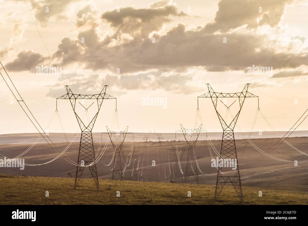 High voltage post. High-voltage transmission lines at sunset Stock ...