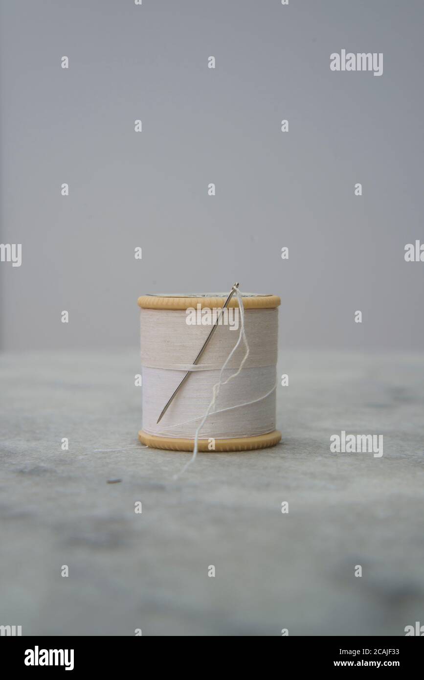 Sewing needle on white cotton thread spool Stock Photo - Alamy
