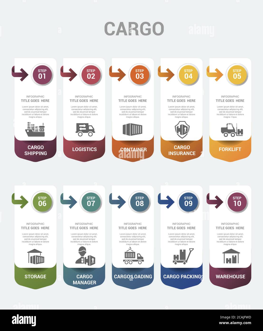 Infographic Cargo template. Icons in different colors. Include Cargo ...