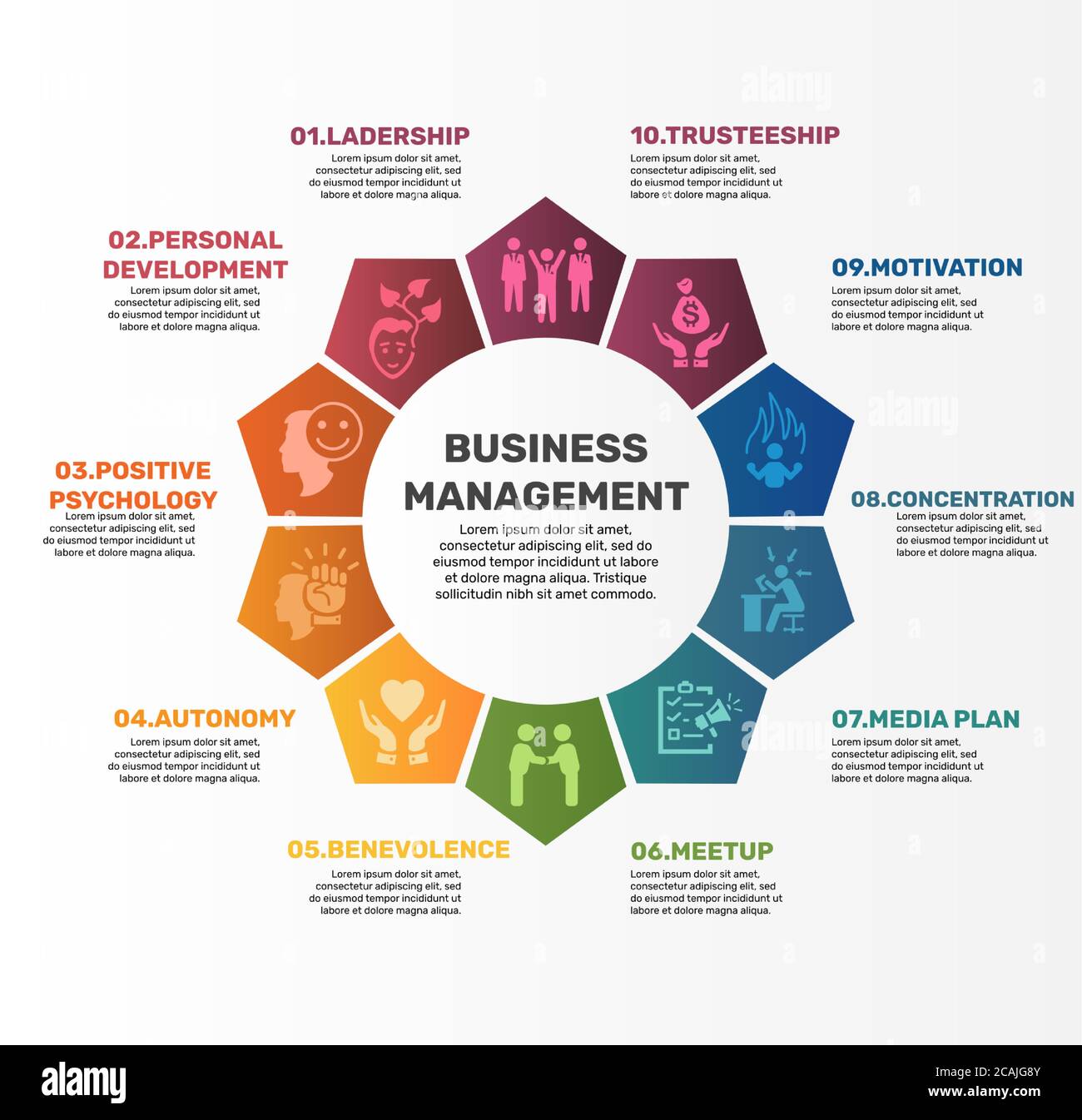 Infographic Business Management template. Icons in different colors ...