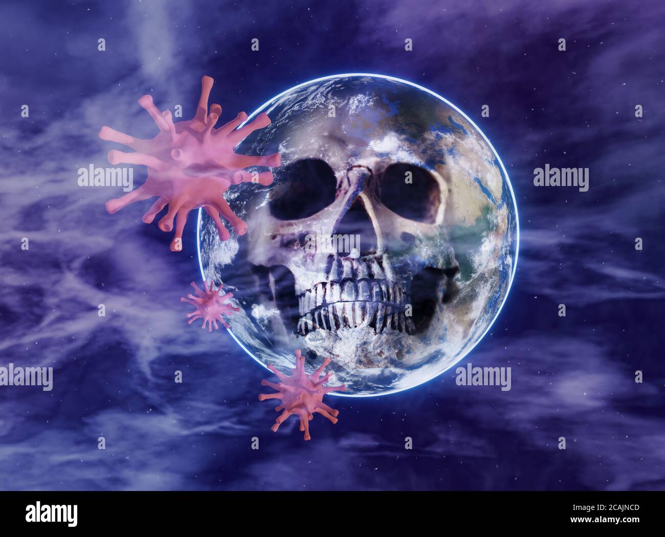Coronavirus over skull Earth. Earth is in danger. Concept illustration ...