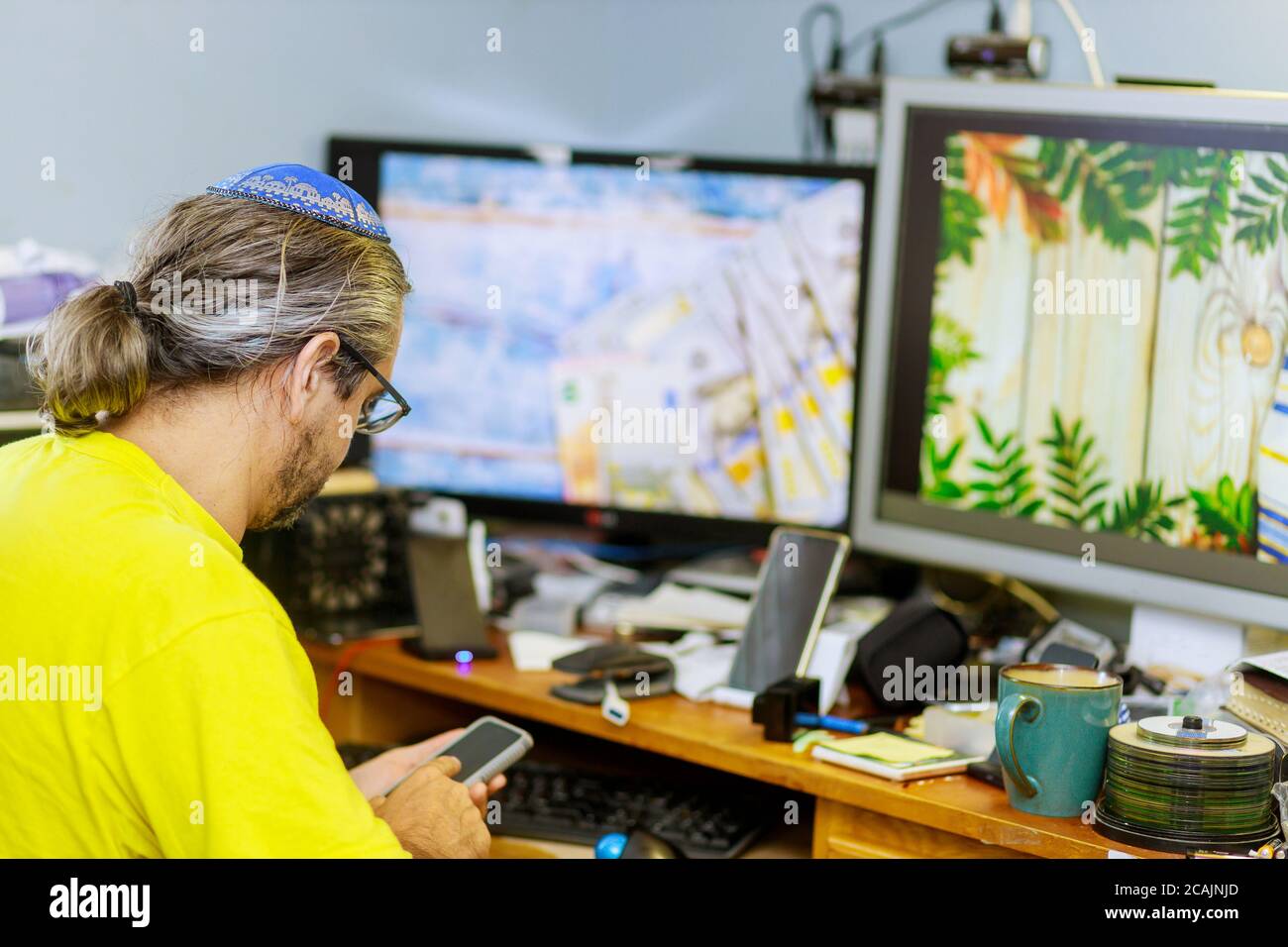 Working process, designer artist modern office, using computer while ...