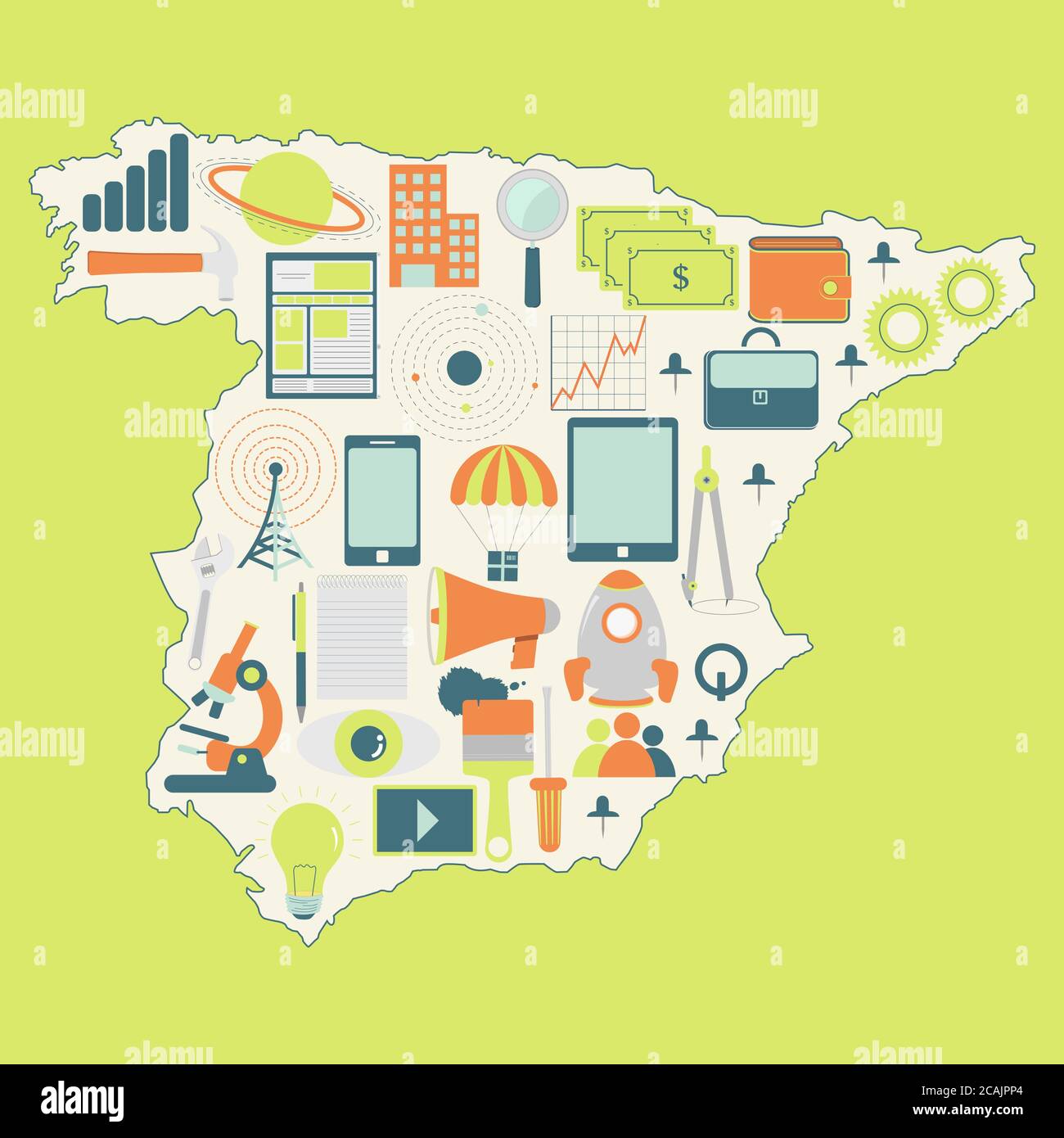 Contour map of Spain with icons of technology, business, science ...