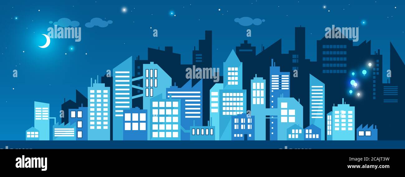 city / cityscape at night illustration. Modern urban neighborhood ...