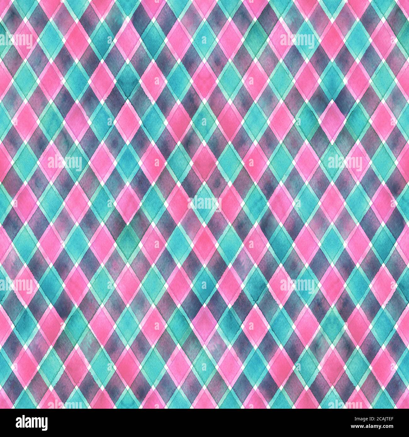 Watercolor stripe diagonal plaid seamless pattern. Pink and blue teal ...