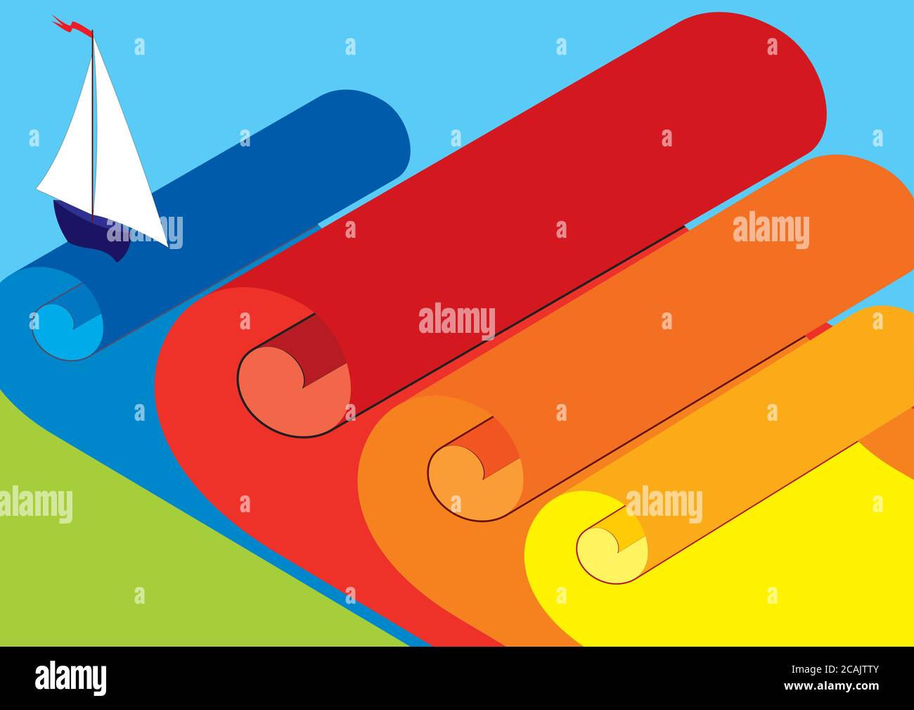 Big waves and a boat with sails floating on the waves of paper. Rolls ...