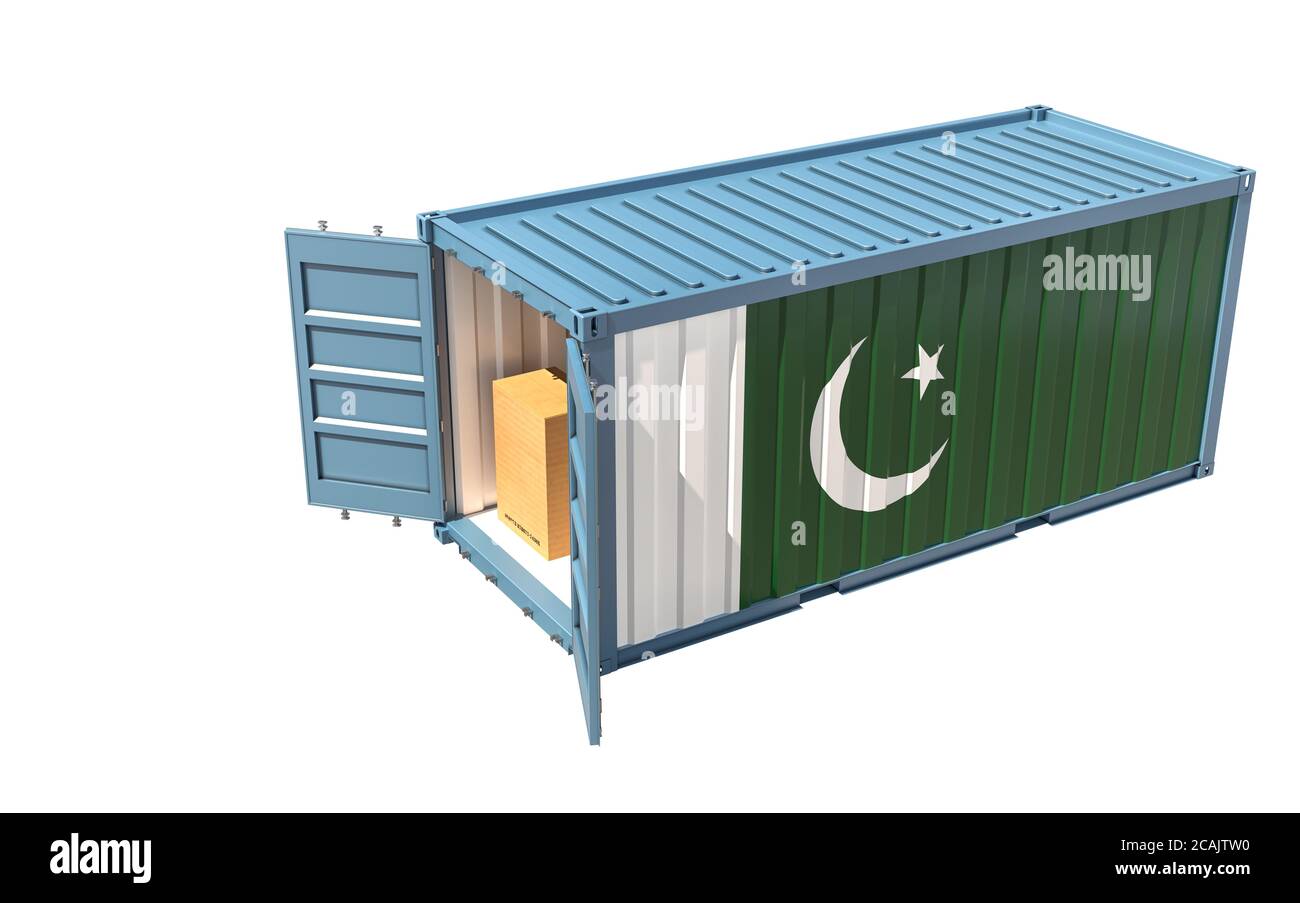 Freight Container with Pakistan flag. Isolated on white background. 3D ...