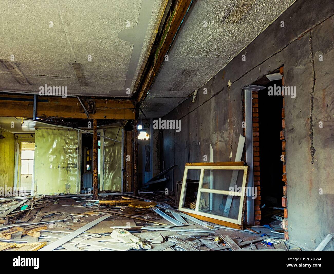 Abandoned Destroyed room is flooded with construction debris Stock ...