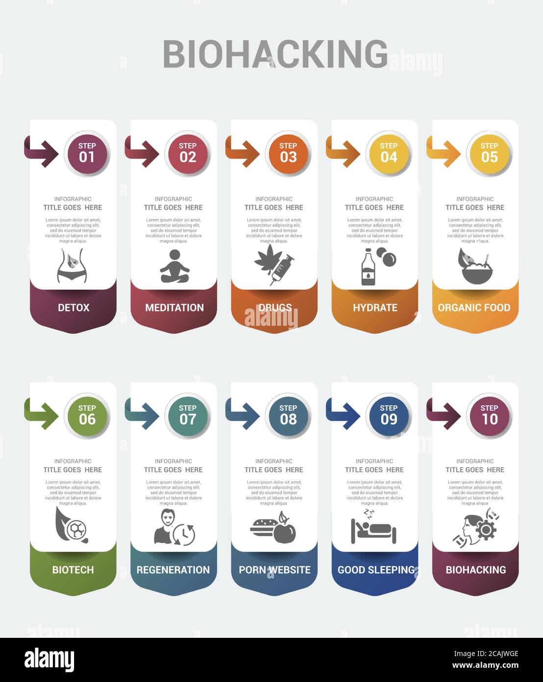 Infographic Biohacking template. Icons in different colors. Include ...