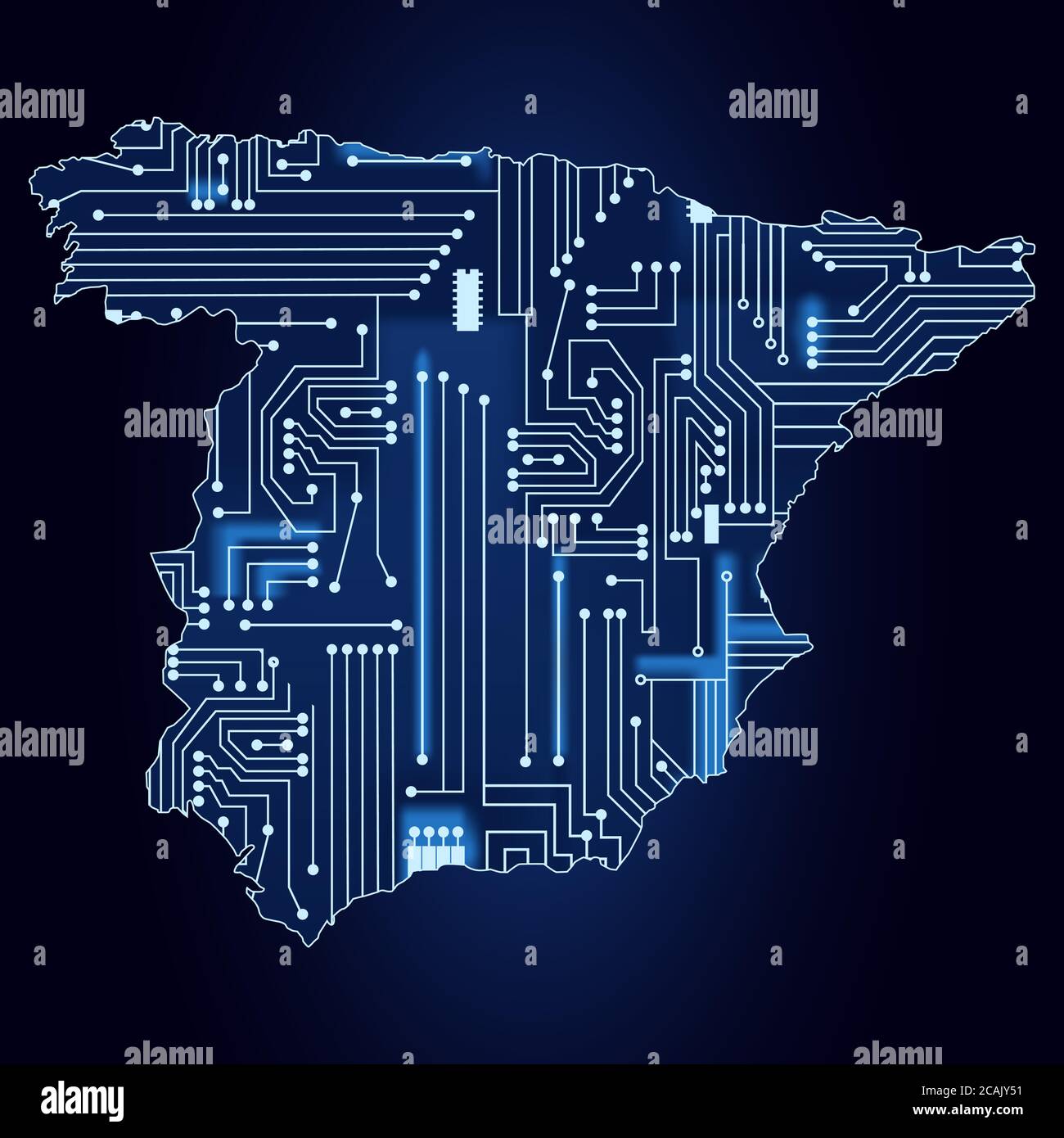 Contour map of Spain with a technological electronics circuit Stock ...