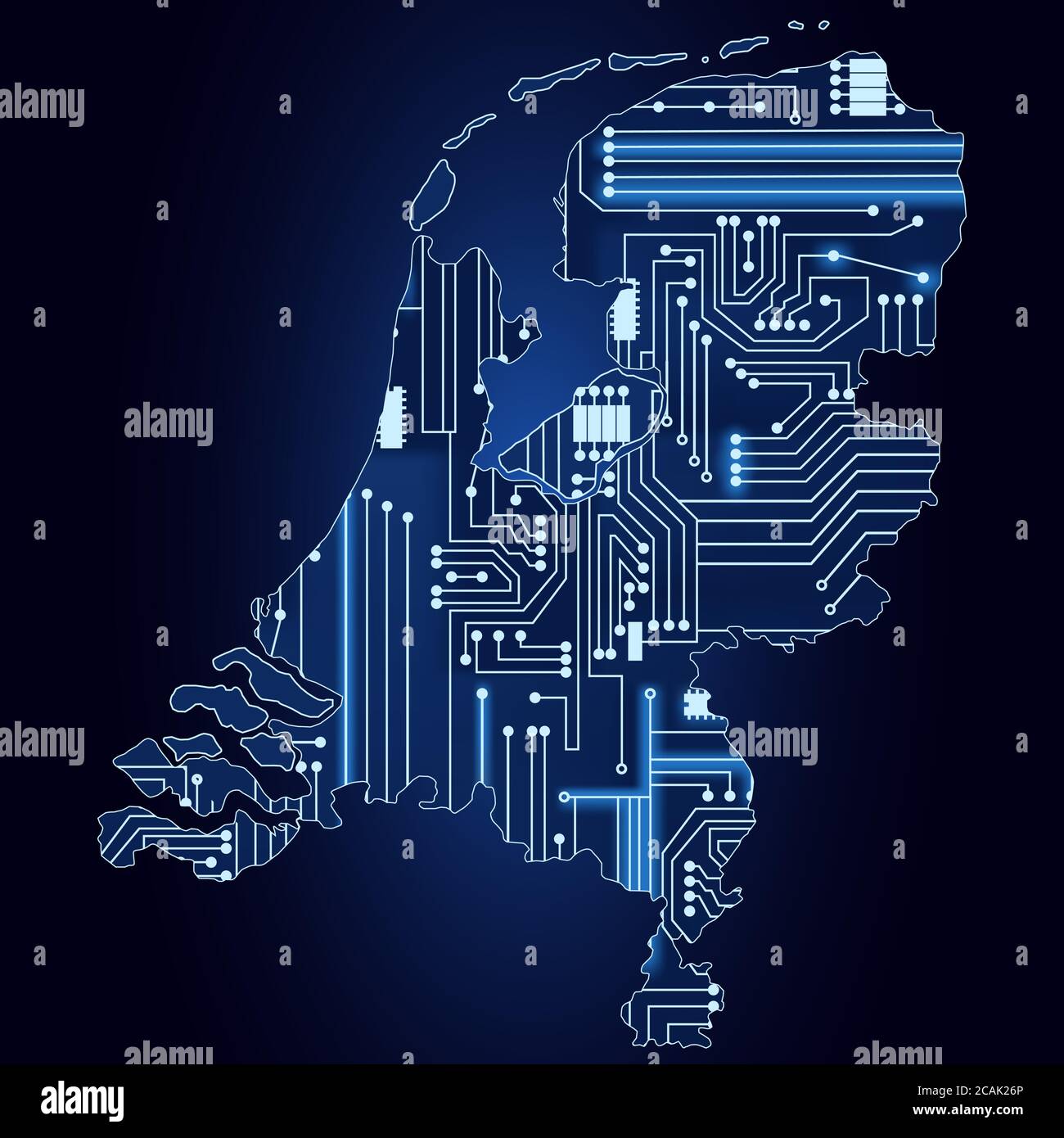 Contour map of Netherlands with a technological electronics circuit ...