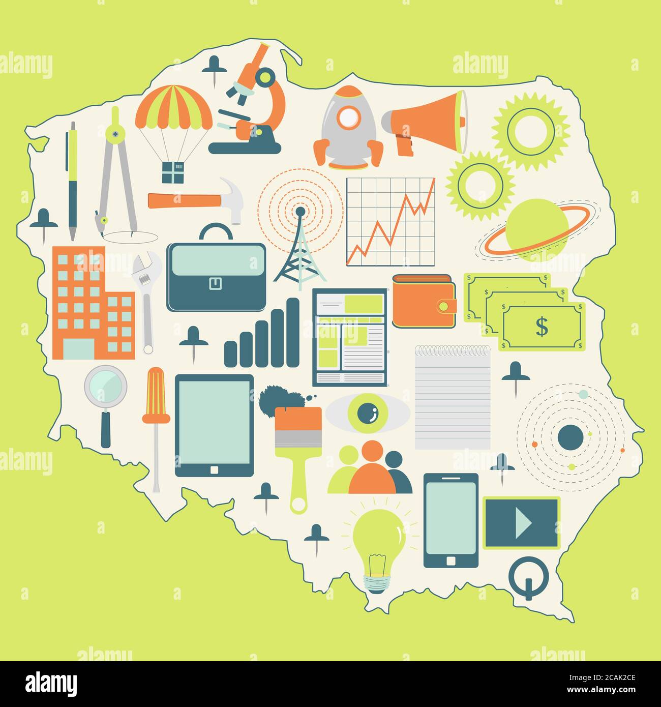 Contour map of Poland with icons of technology, business, science ...