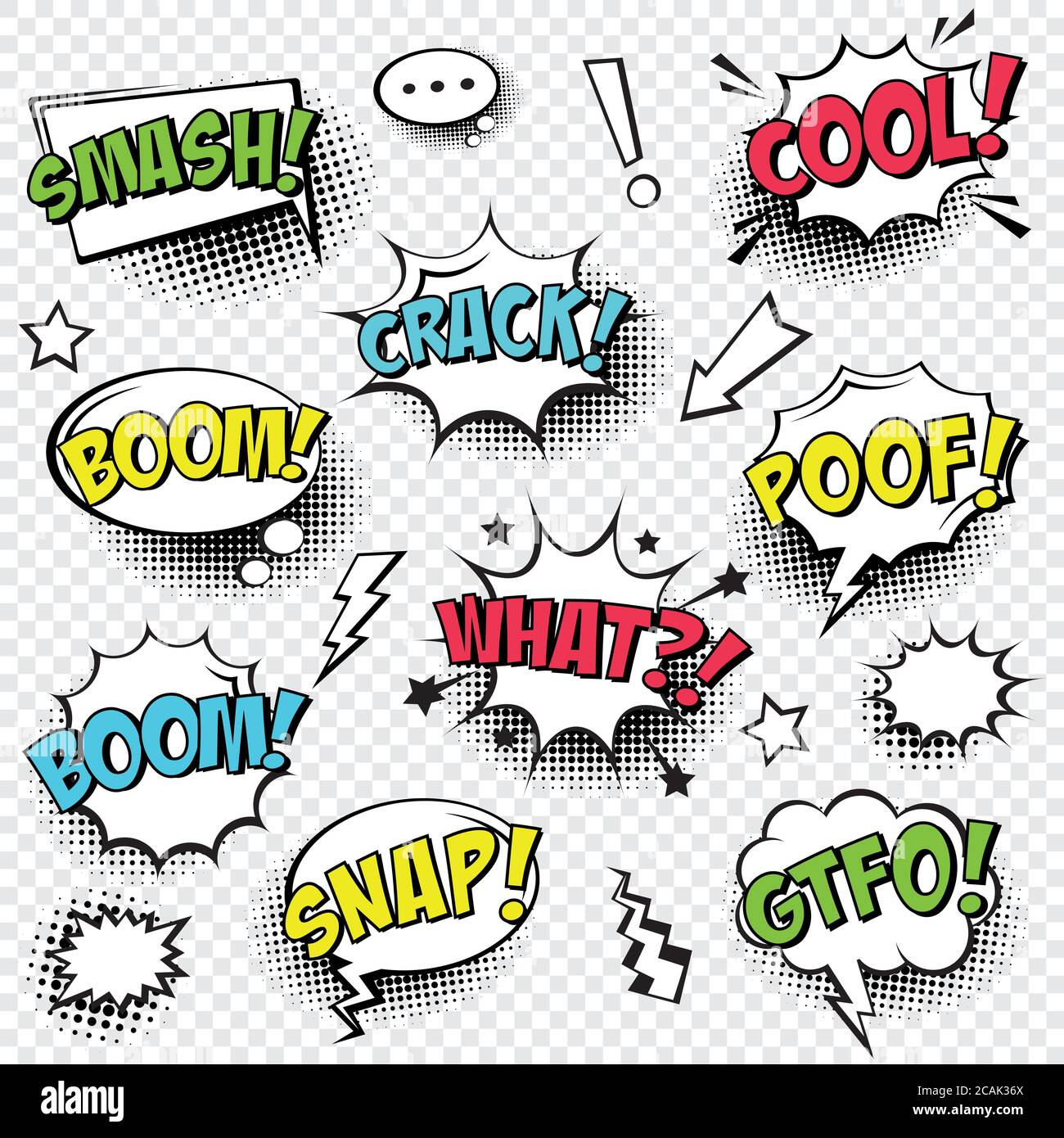 Comic speech bubbles with halftone shadow and text phrase. Vector hand ...