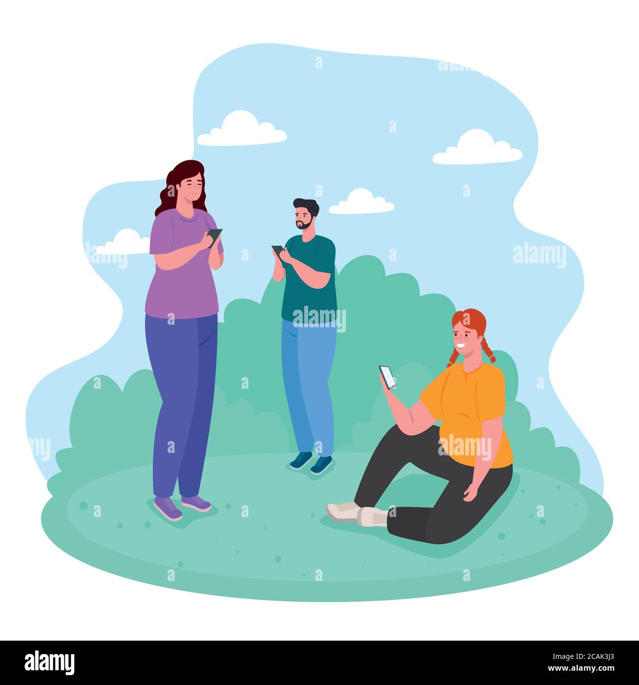 young people using smartphones outdoor, social media and communication ...