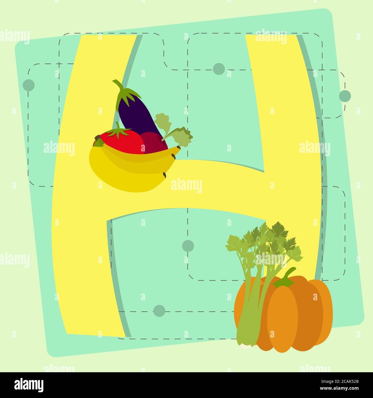 Letter "h" from stylized alphabet with fruits and vegetables: eggplant ...
