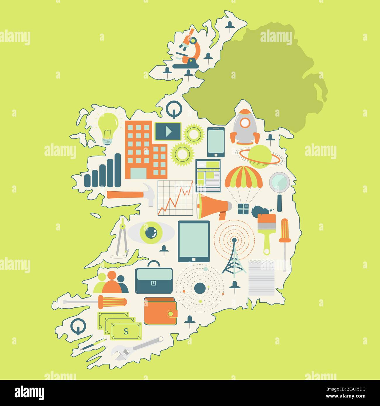 Contour map of Ireland with icons of technology, business, science ...