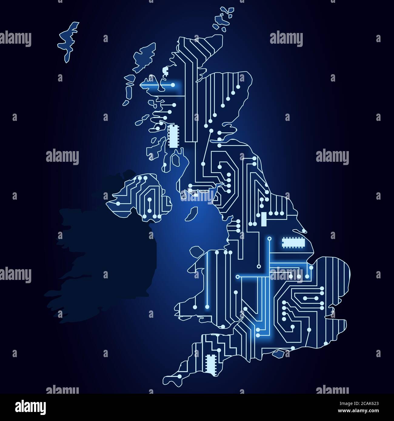 Contour map of United Kingdom with a technological electronics circuit ...