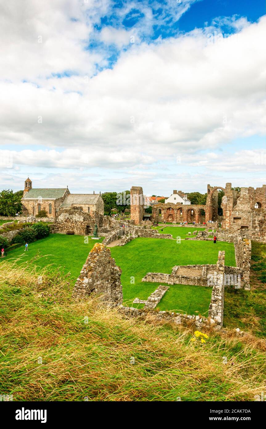 The extensive ruins of Lindisfarne Priory containing the medieval ...