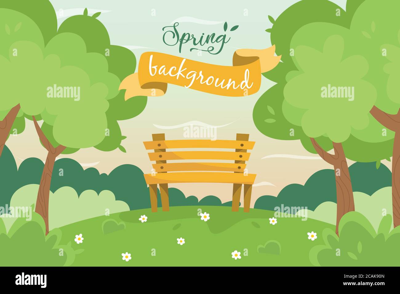 Spring background, park landscape background. Park bench among trees ...
