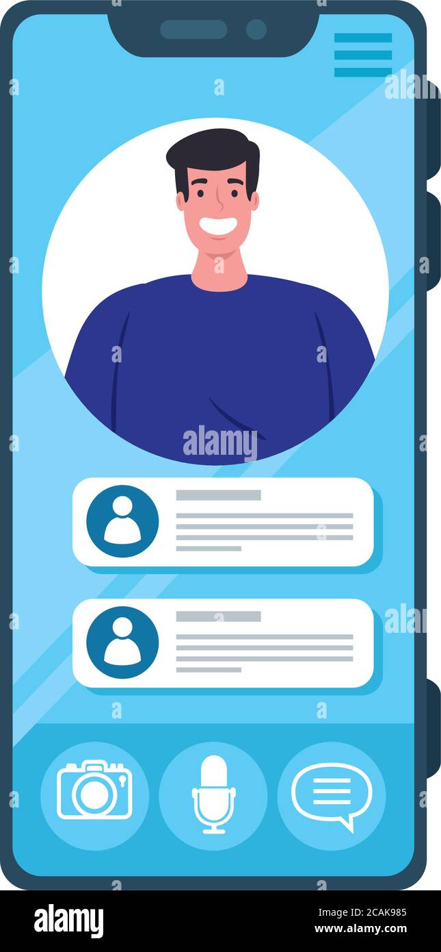 online chat messages, man in screen of smartphone, chat digital ...