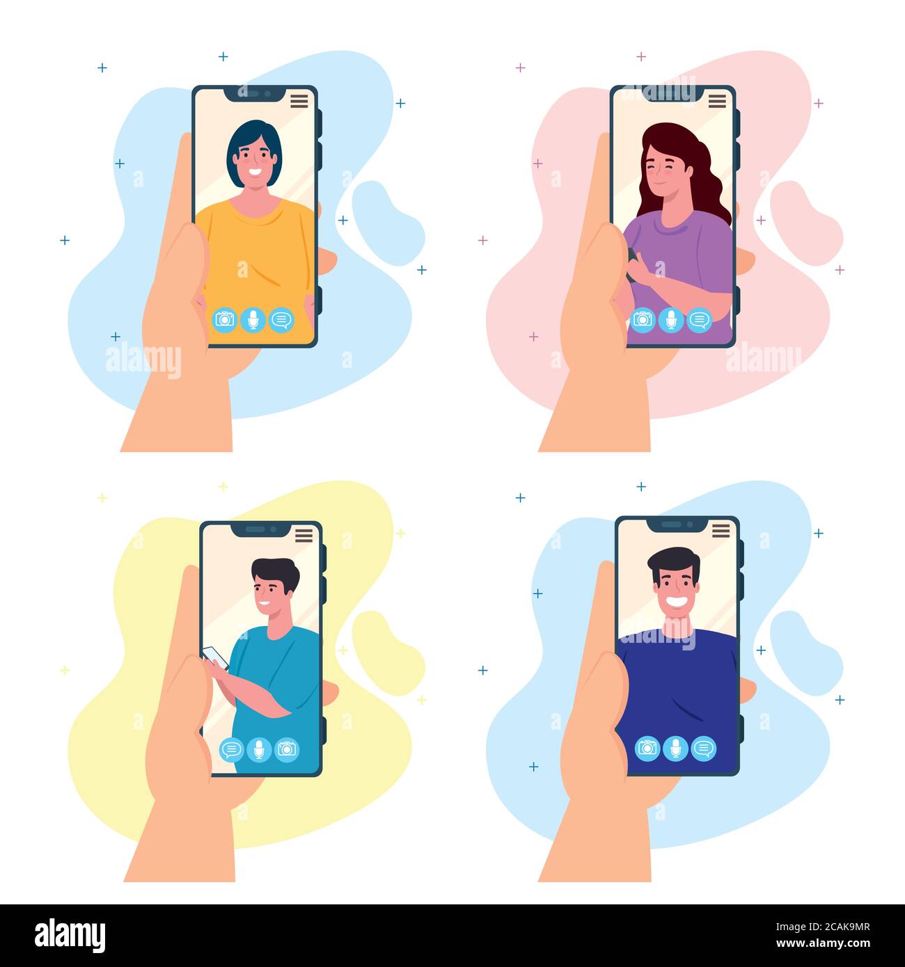 hands holding smartphone video call on the screen with young people ...