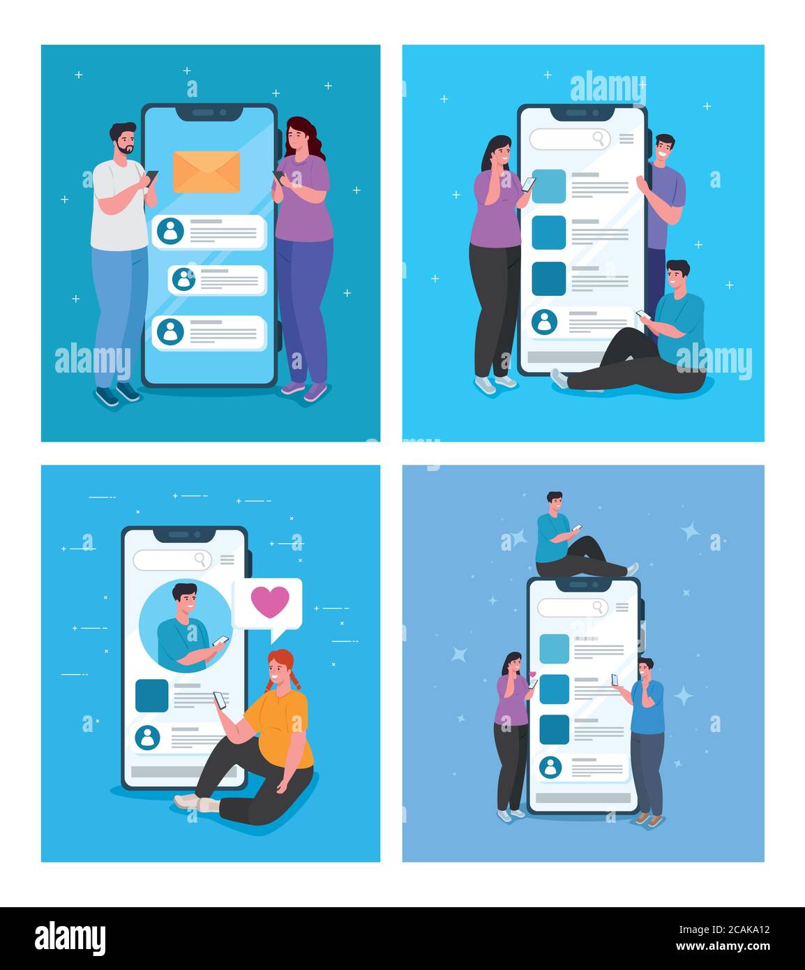 set scenes of online chat in smartphones of young people, social media ...