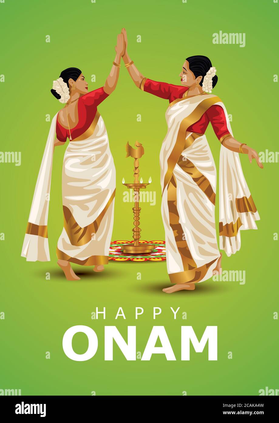 happy onam greetings.Thiruvathira,a traditional dance from Kerala. vector illustration Stock ...