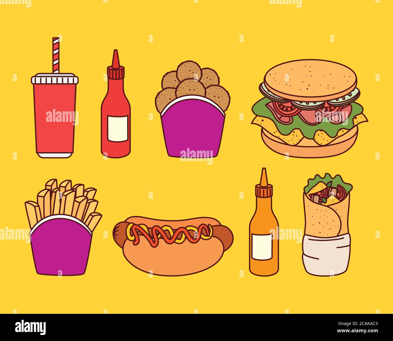 set of delicious fast food in yellow background Stock Vector Image ...