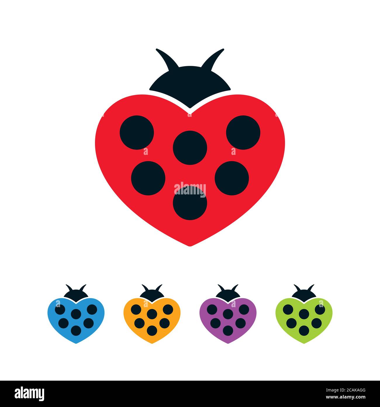 Heart shaped ladybugs on white background. Colorful bugs flat icon set ...