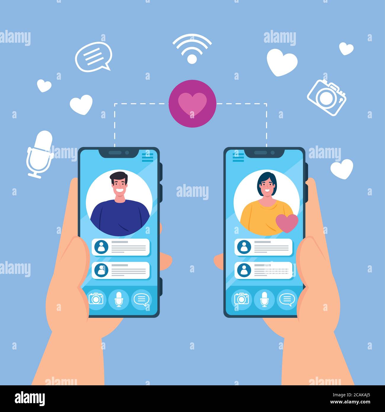 hands holding smartphones video call on the screen with couple, social ...