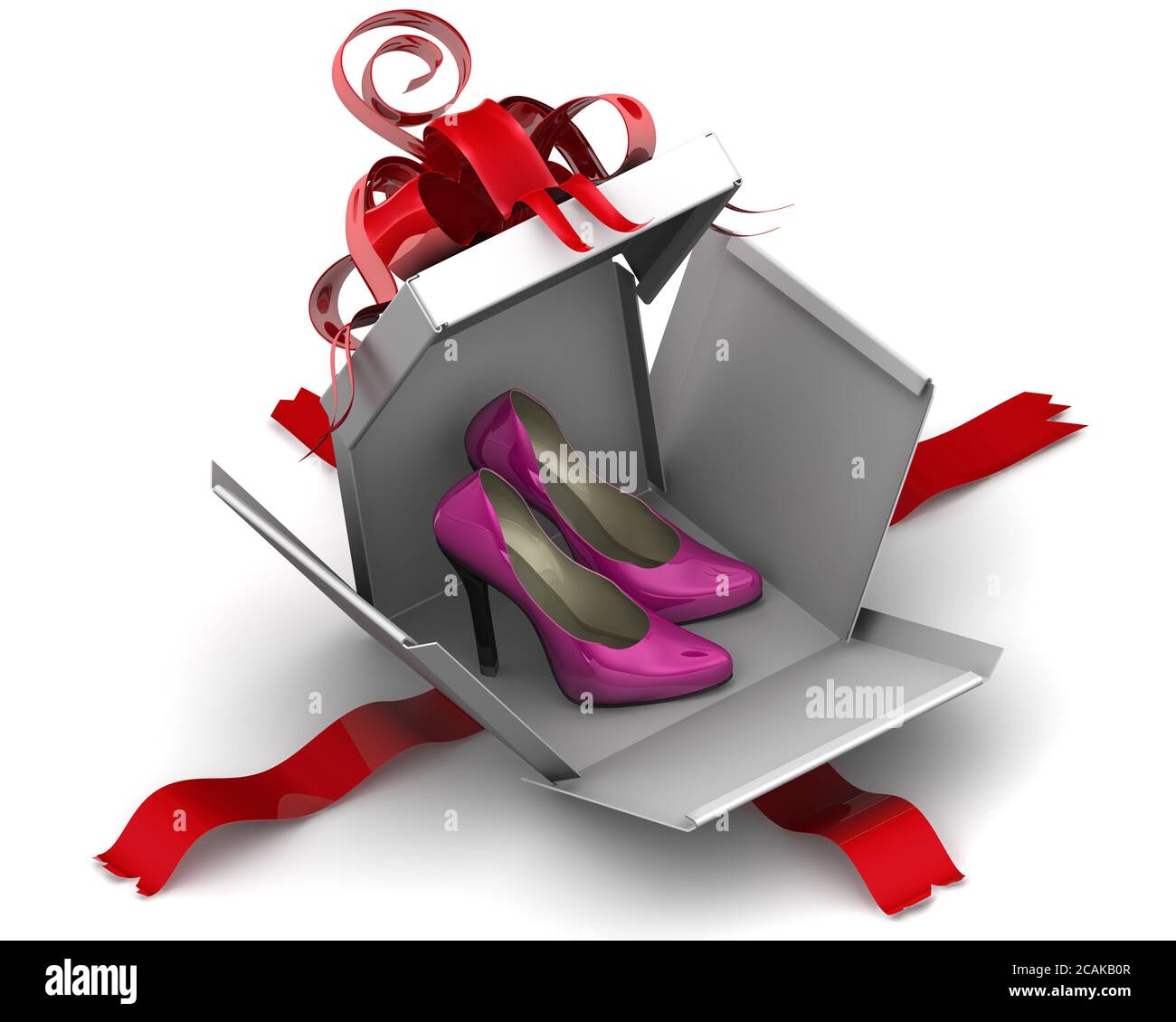 Women's shoes as a gift. Women shoes high heel in the torn gift box. 3D ...
