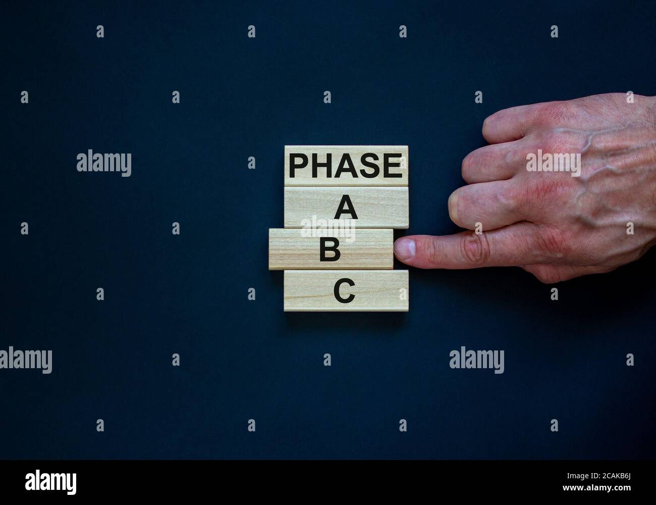 Wooden blocks form the words 'phase, A, B, C' on black background. Male ...