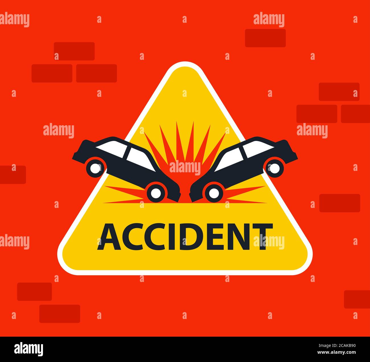 triangular yellow car accident sign. head-on collision of vehicles on ...