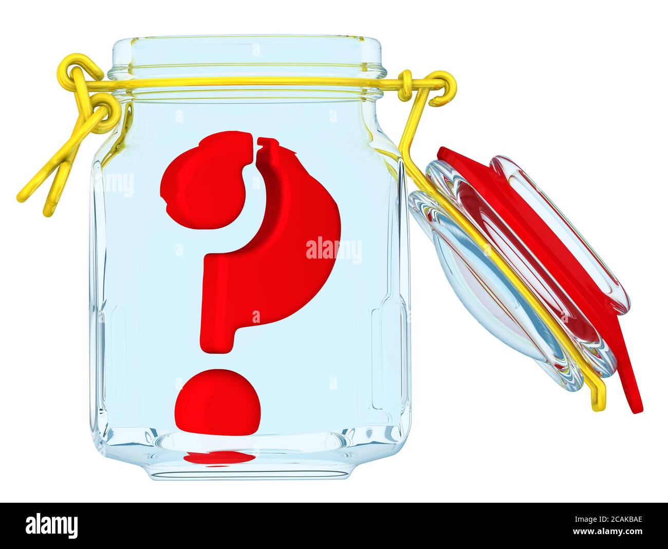 Red symbol of the question in an open glass jar on a white surface. 3D ...