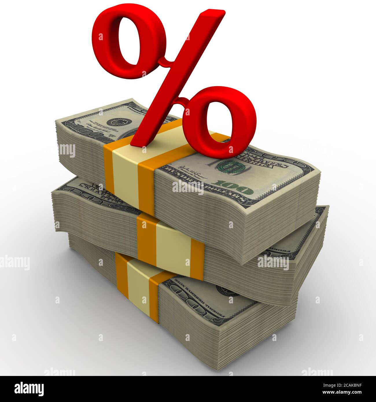 Percentage rate. Packs of the USA dollars tied with a tapes on a white ...