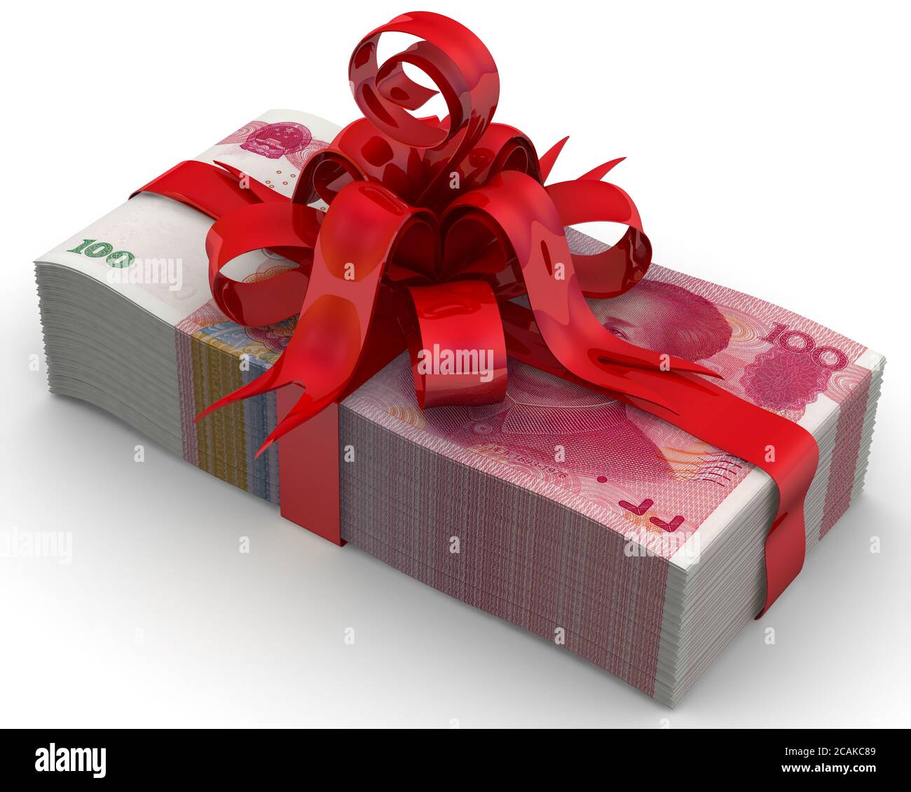 Money as a gift. The stack of Chinese yen bills tied with a red ribbon ...