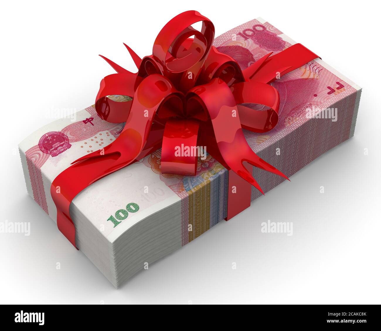 Money as a gift. The stack of Chinese yen bills tied with a red ribbon ...